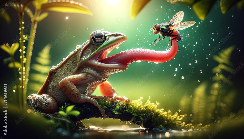 A frog with a protruding tongue catching a flying fly against a ...