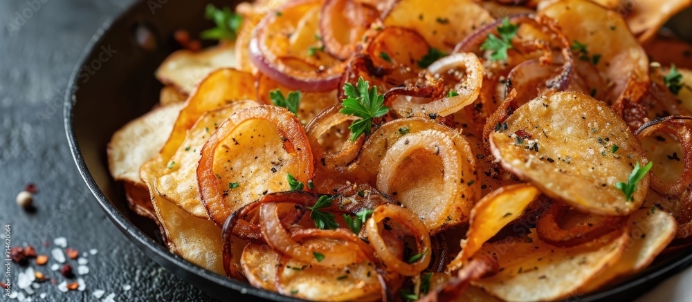 Foto de Traditional potato chips with roasted onion rings and herbs ...