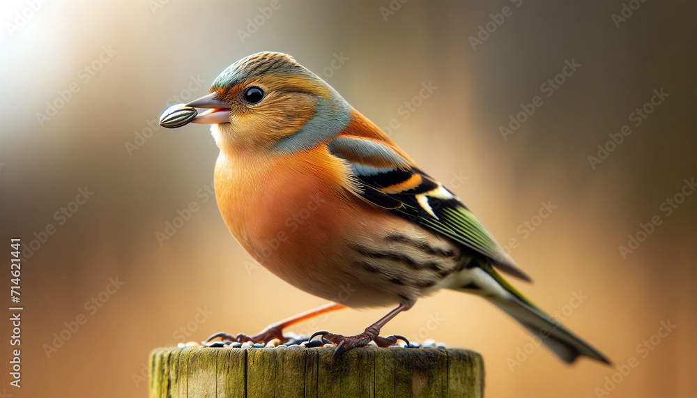 A vividly colored finch perches on a stump, holding a sunflower seed in ...