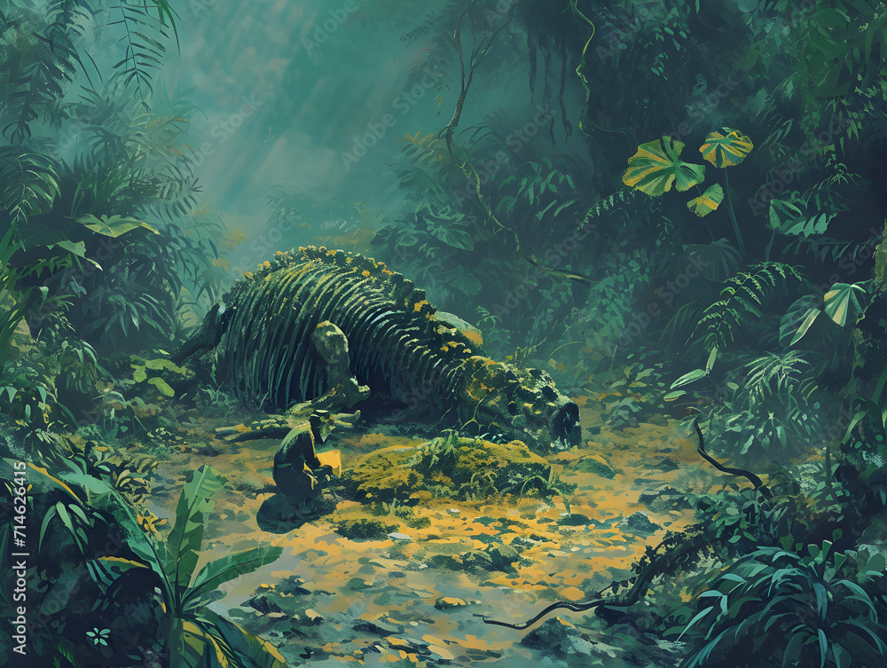Dreamlike Dinosaur Skeleton Amidst Lush Jungle Flora, Realistic ...