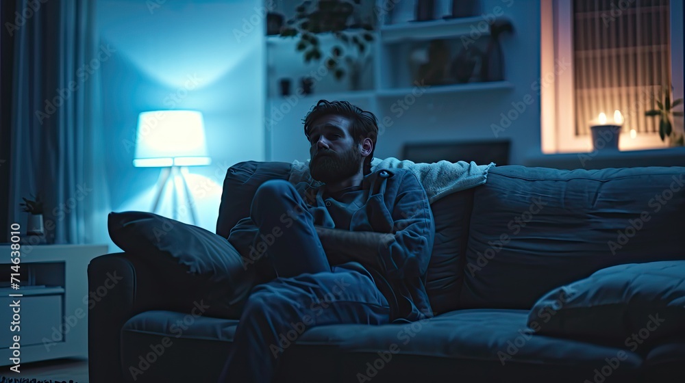 Sad man suffering depression insomnia awake and sit alone in the living ...