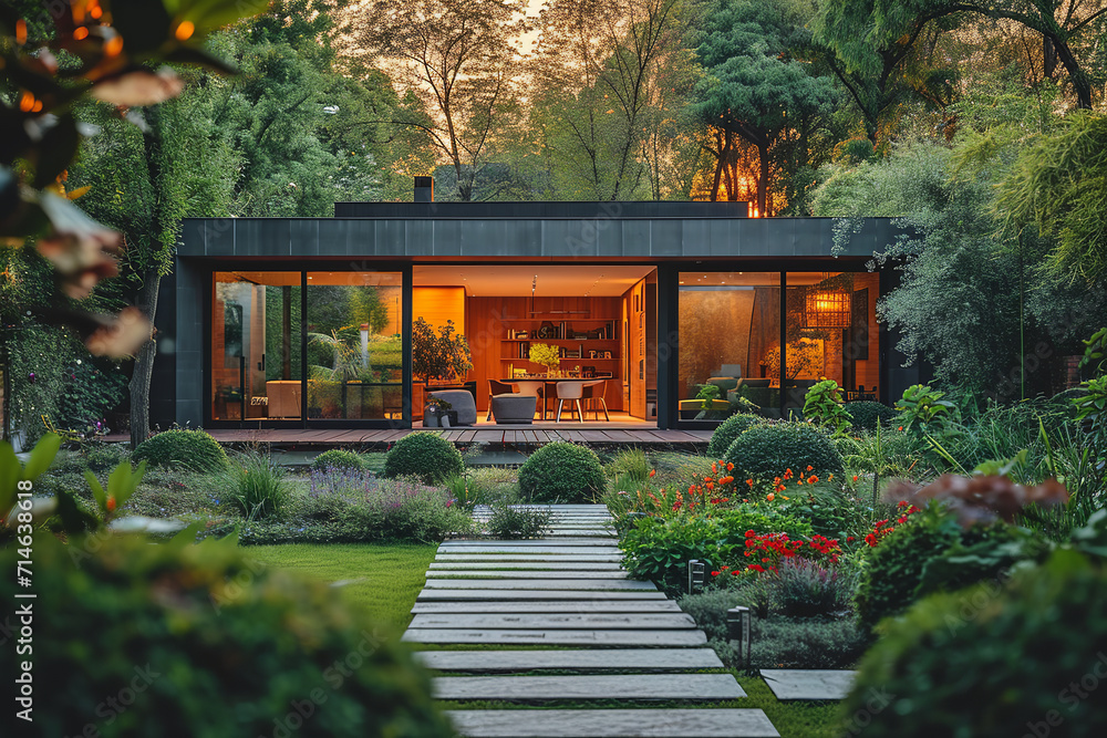 Large modern cottage with large windows, landscape design, trees ...