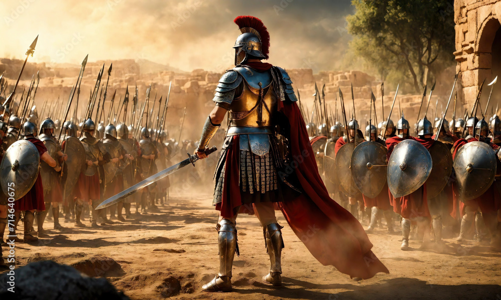 Roman male legionary (legionaries) wear helmet with crest, long sword ...