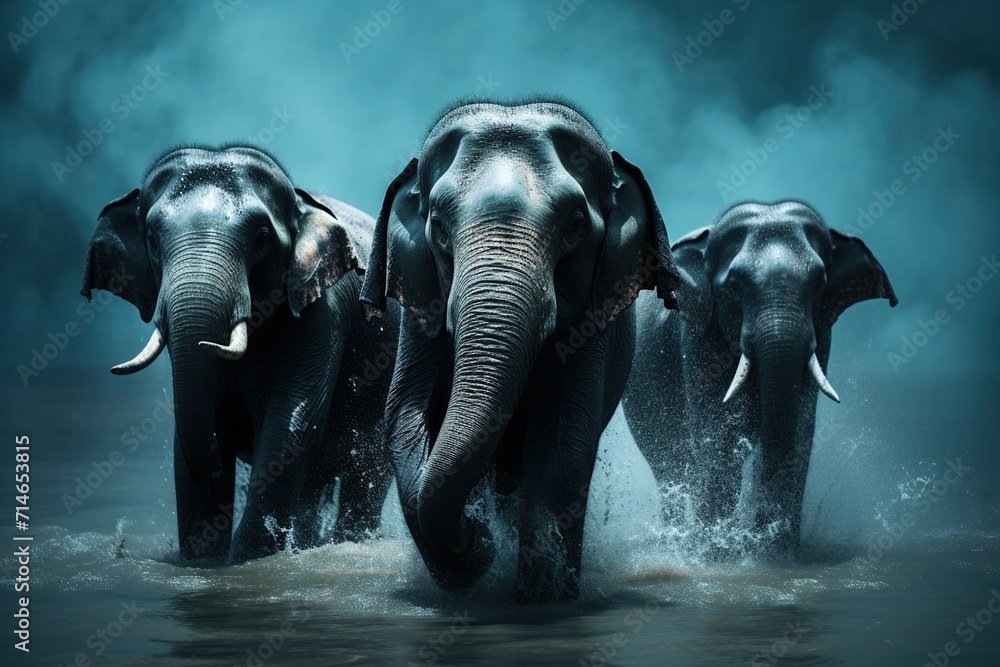 Three powerful elephants make a dramatic entrance from the water ...