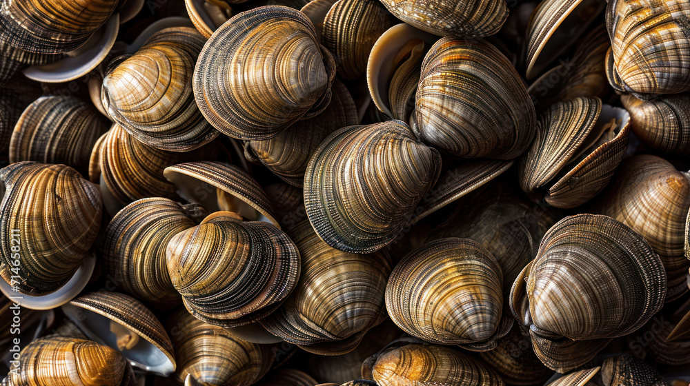 a pile of clamshells that are brown and white and are stacked on top of ...