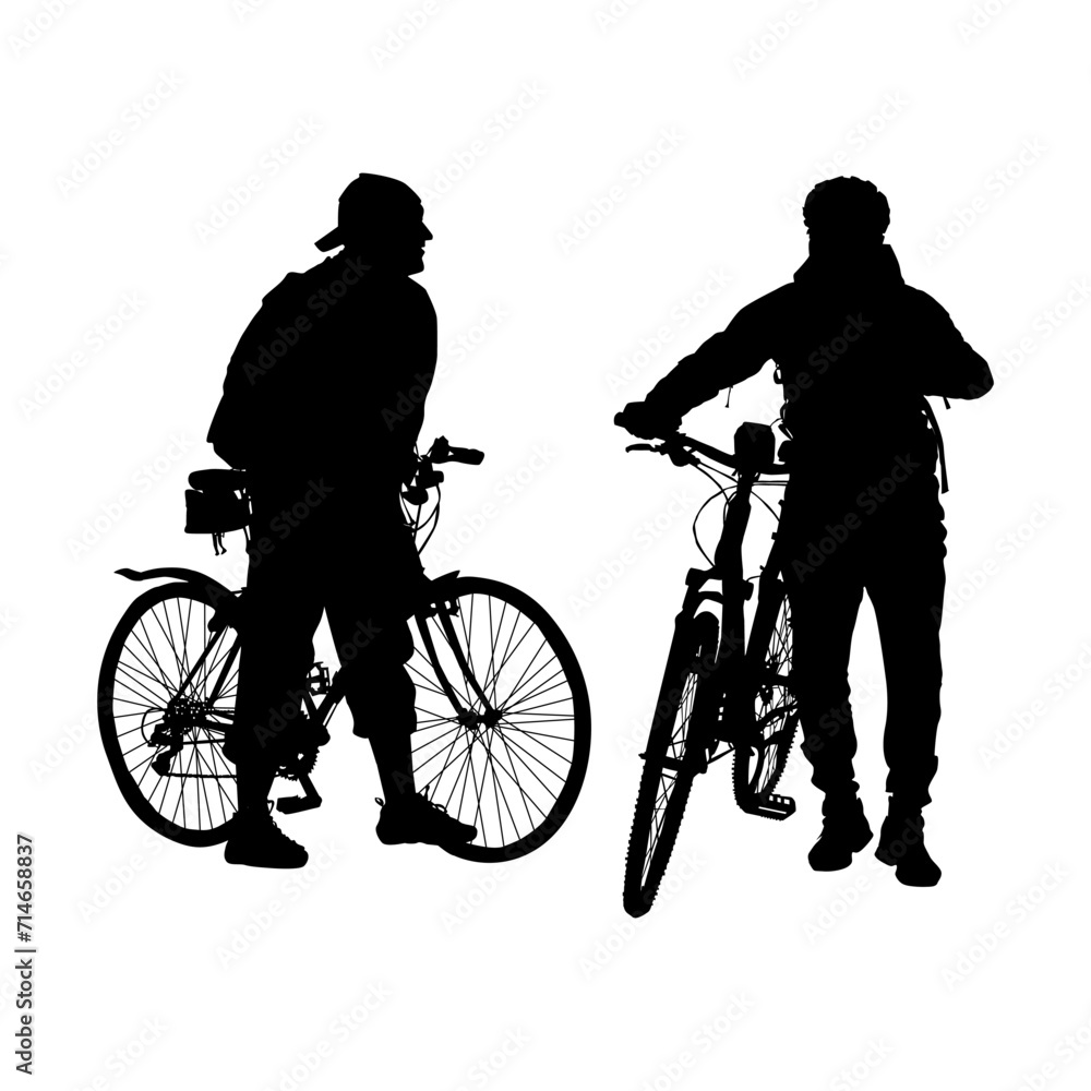 Two cyclists silhouette isolated on white background.Cyclist stopped ...
