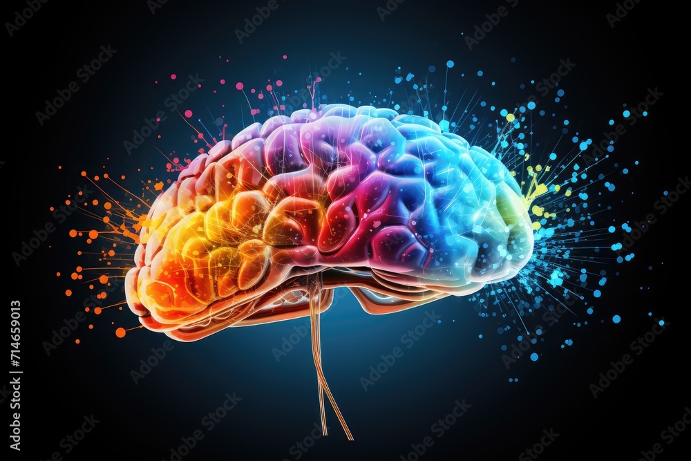 Colored head in the dark, medical illustration, brain photography of ...