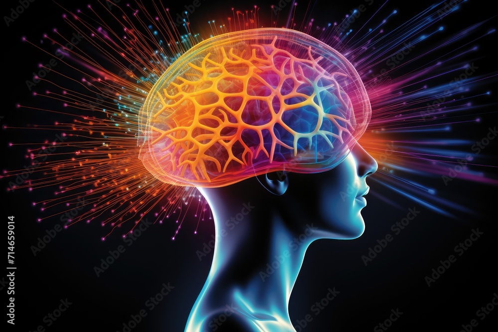 Colored head in the dark, medical illustration, brain photography of ...