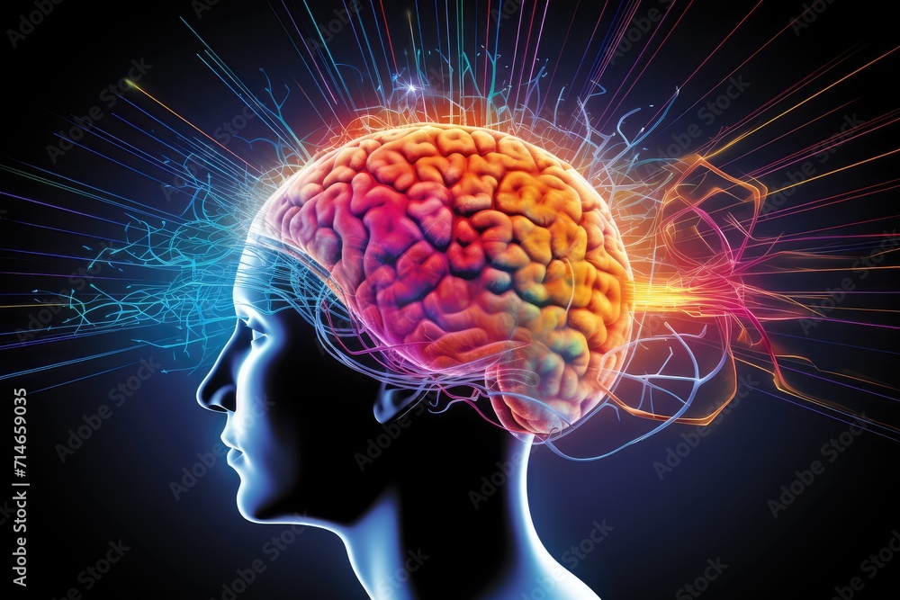 Colored head in the dark, medical illustration, brain photography of ...