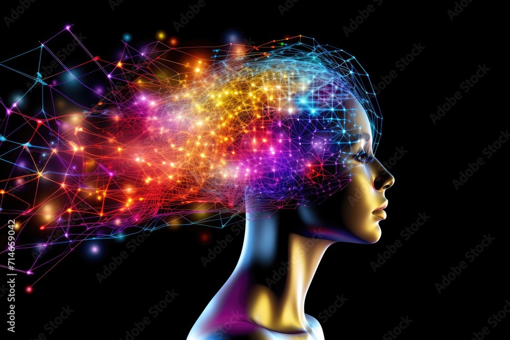 Colored head in the dark, medical illustration, brain photography of ...