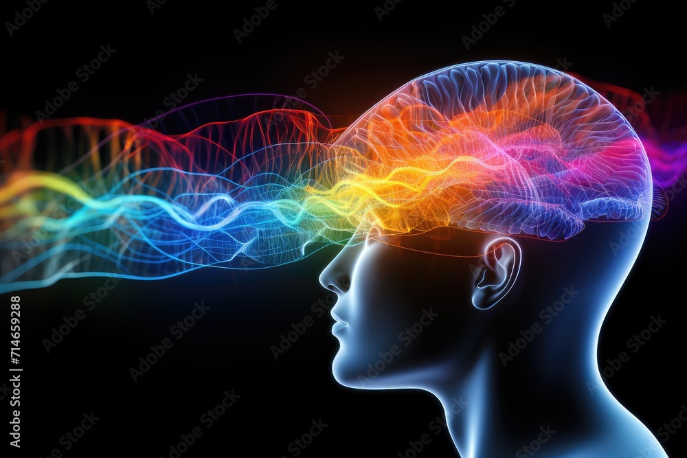 Colored head in the dark, medical illustration, brain photography of ...