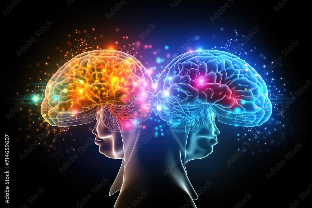 Colored head in the dark, medical illustration, brain photography of ...