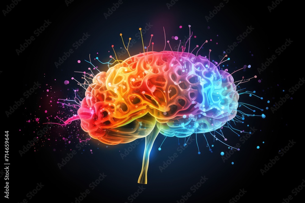 Colored head in the dark, medical illustration, brain photography of ...