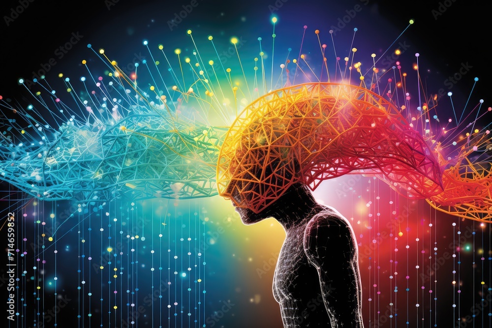 Colored head in the dark, medical illustration, brain photography of ...