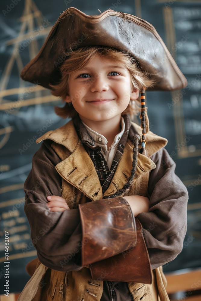 Smiling kid wearing pirate outfit. Little boy wearing a pirate costume ...