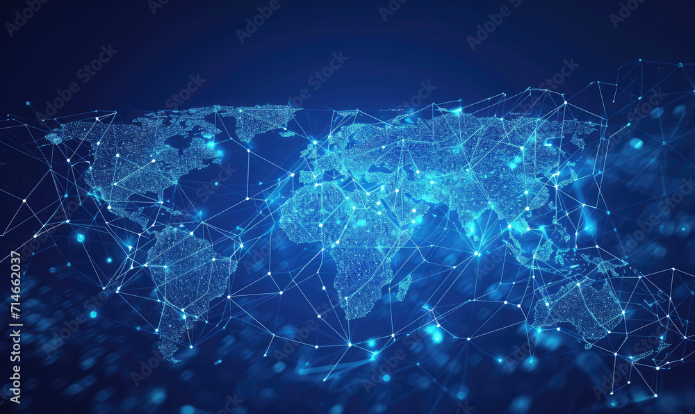 A low-poly map of the world. A grid of lines and points. Blue ...