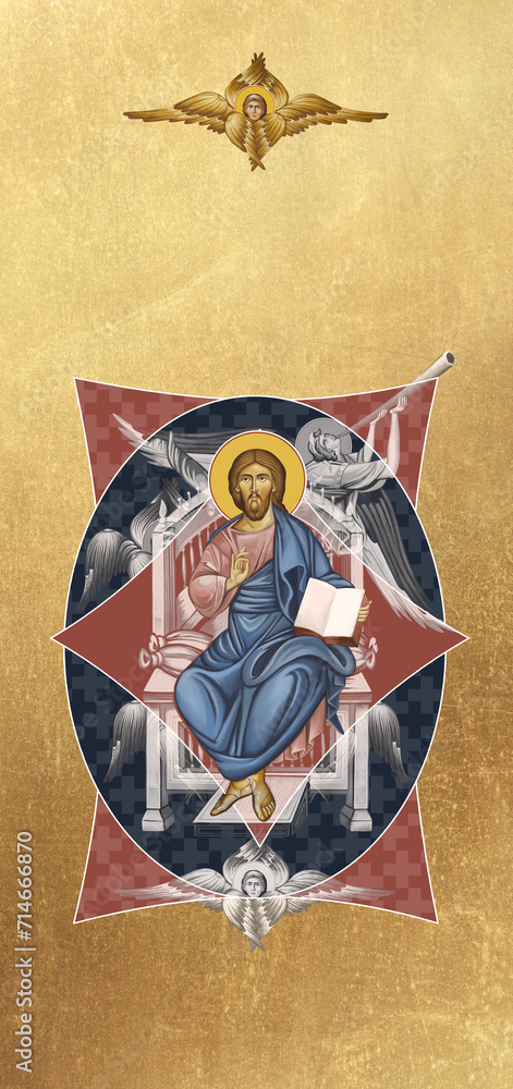 Traditional orthodox icon of Jesus king sitting on the throne ...