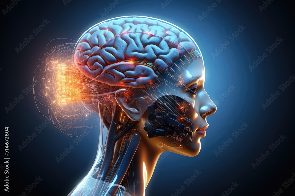 Cyborg Roboter woman, innovative electric brain chip. Smart 3D MRI and ...