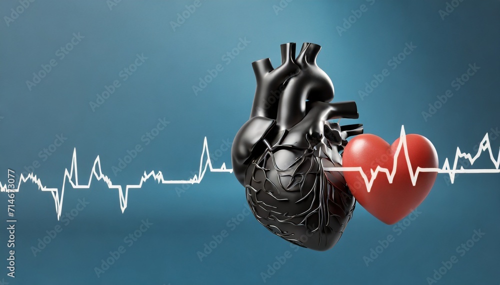 human heart and ekg waveform 3d rendering illustration with copy space ...