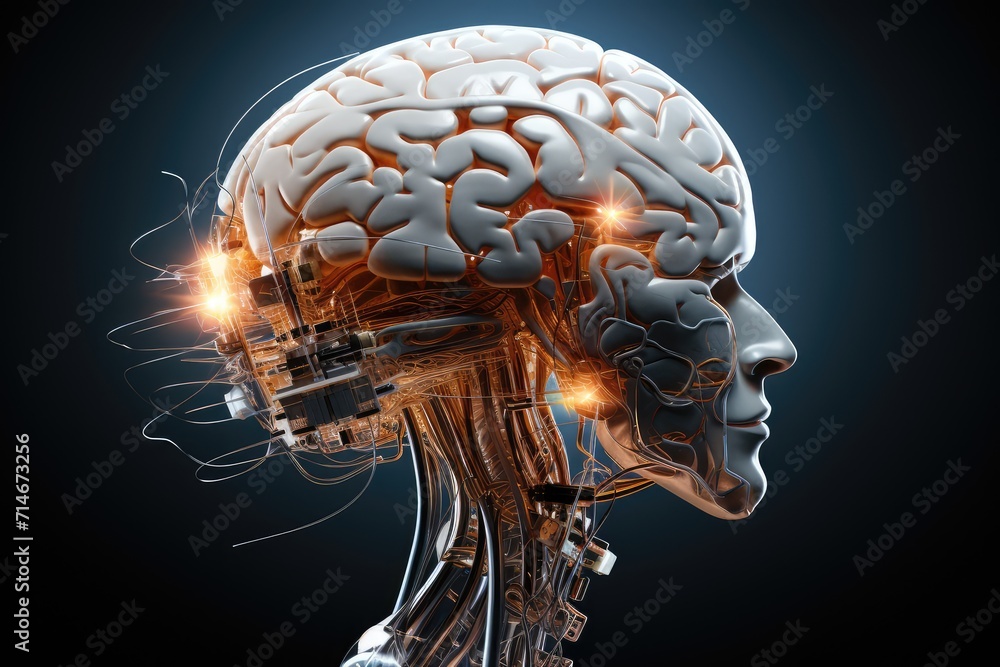 Stockillustratie Cyborg Roboter woman, innovative electric brain chip ...
