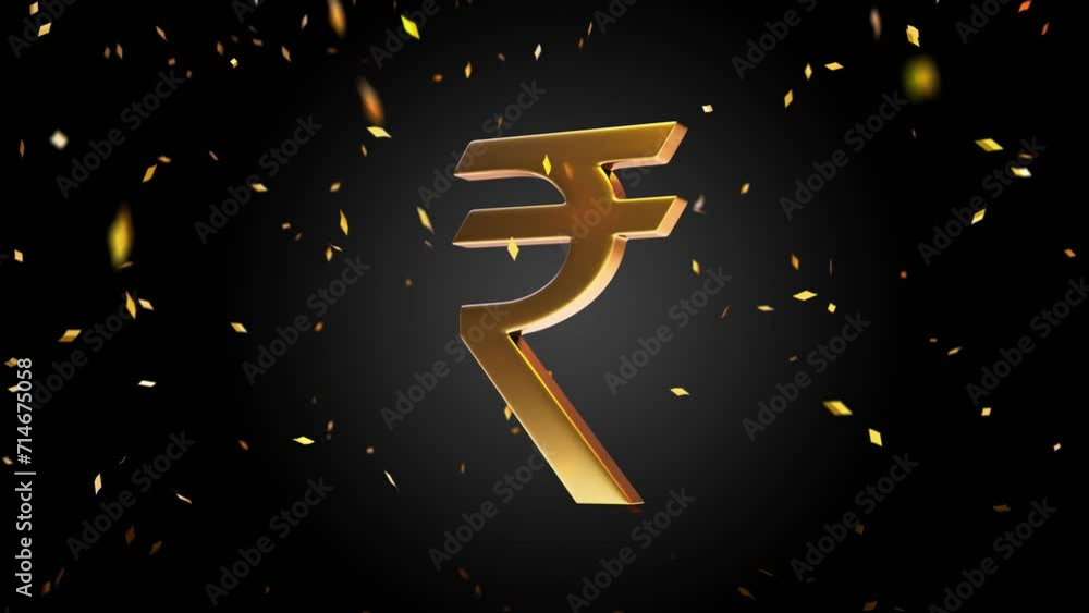 3D animated Indian Rupee symbol with confetti in dark background - 4k ...