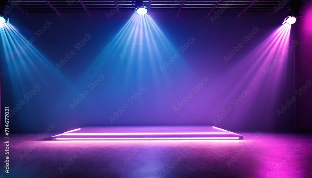 neon dark stage shows empty room neon light spotlights dark blue purple ...