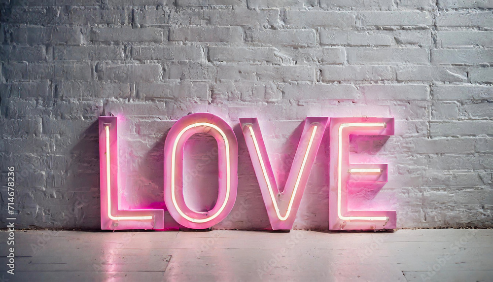 Neon sign that says the word Love in pastel pink colours, on a white ...