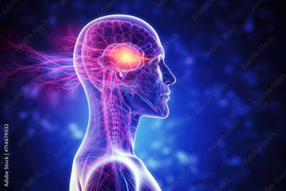 Colorful brain neurons, realm of brain oncology, shadows emerge. Tumors ...