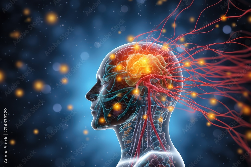 Colorful brain neurons, realm of brain oncology, shadows emerge. Tumors ...