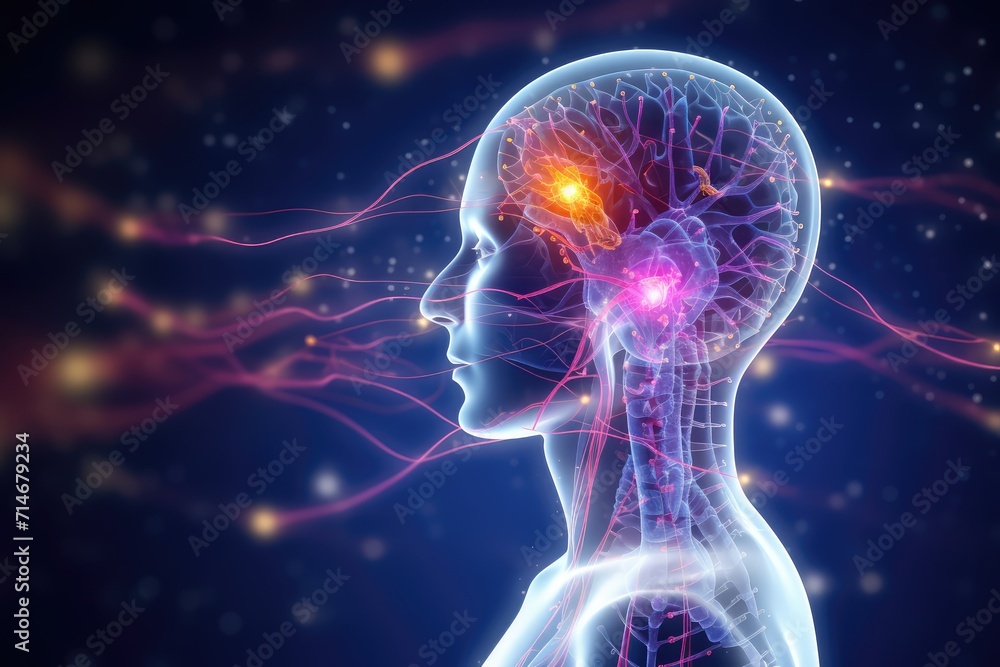 Colorful brain neurons, realm of brain oncology, shadows emerge. Tumors ...