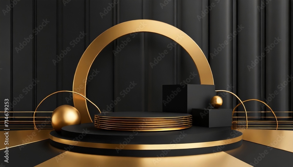 3d render abstract minimal black and gold background with empty podium ...
