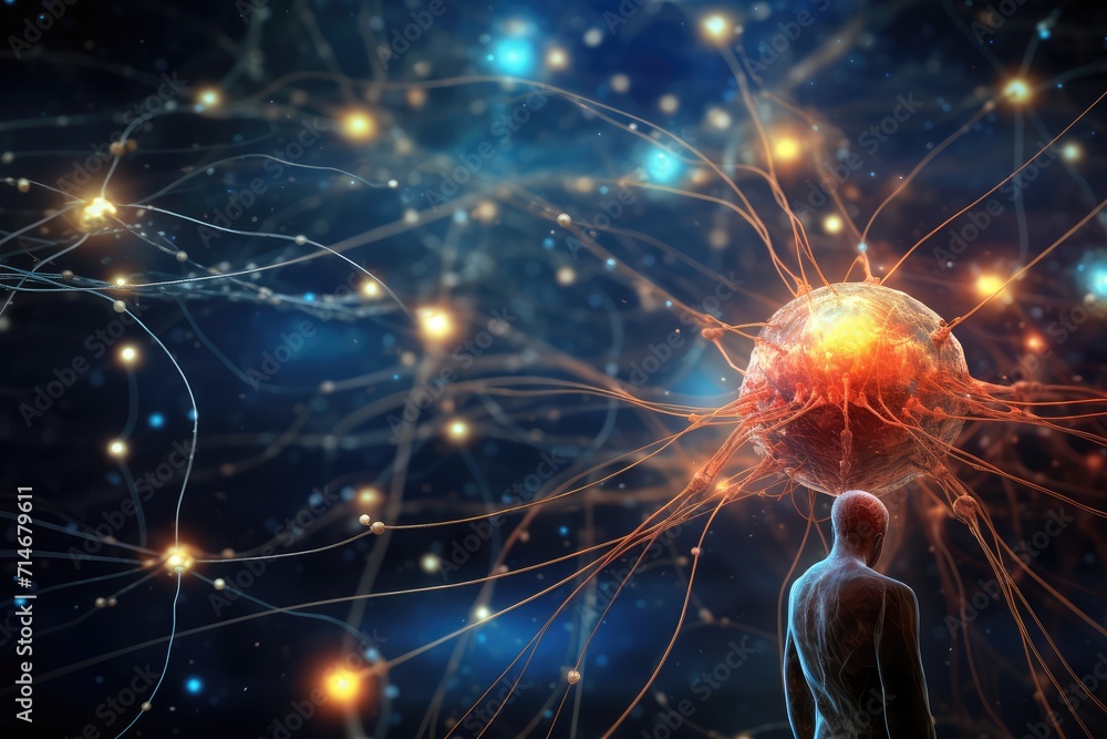 Colorful brain neurons, realm of brain oncology, shadows emerge. Tumors ...