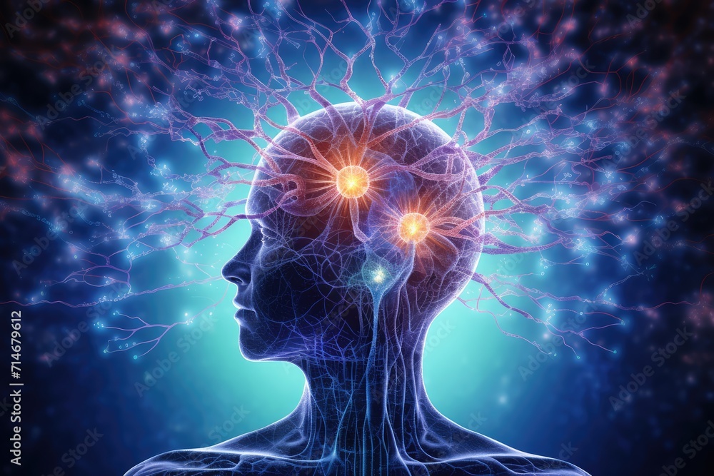 Colorful brain neurons, realm of brain oncology, shadows emerge. Tumors ...