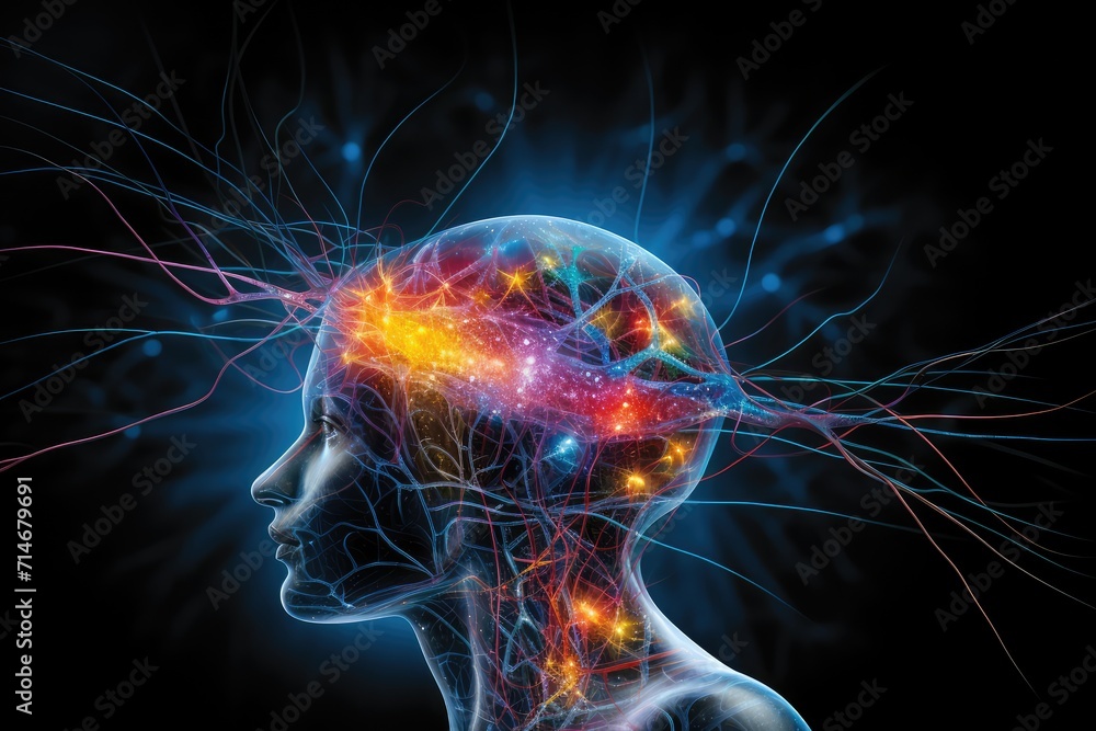 Colorful brain neurons, realm of brain oncology, shadows emerge. Tumors ...