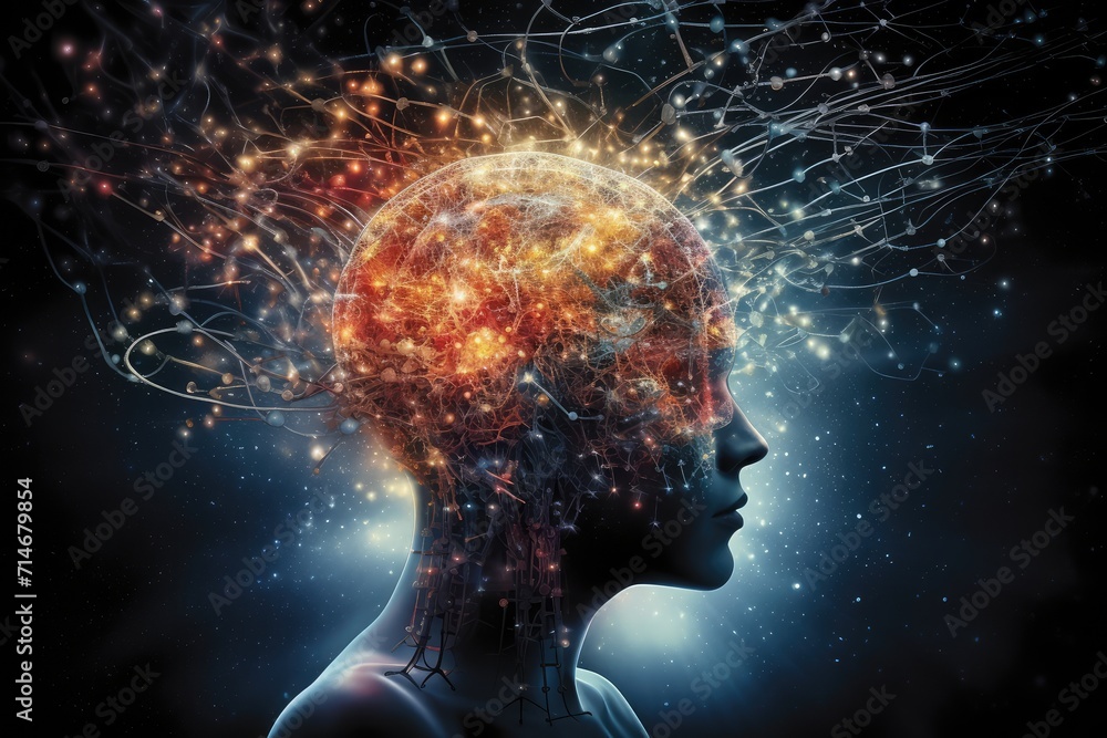 Colorful brain neurons, realm of brain oncology, shadows emerge. Tumors ...