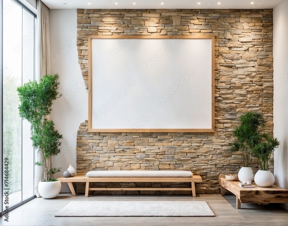 Wild stone cladding wall in bright hallway. Wooden bench near white ...