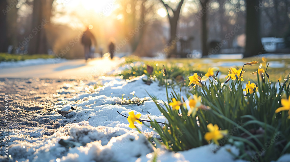Winter to Spring Transition in Park Landscape with Melting Snow and ...