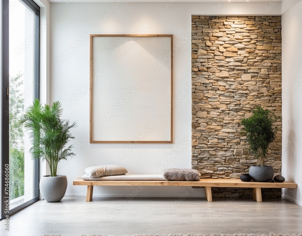 Wild stone cladding wall in bright hallway. Wooden bench near white ...