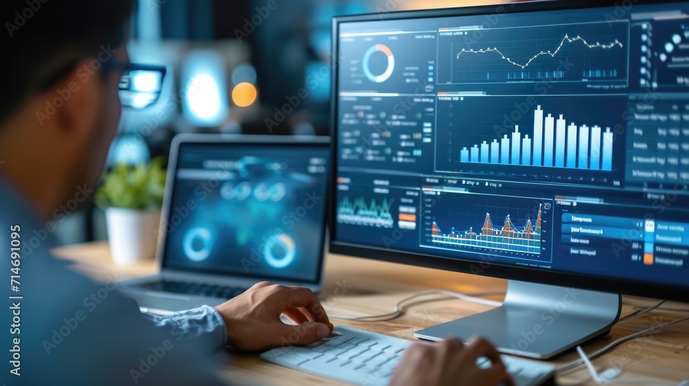 An analyst uses a computer and blue dashboard for data business ...