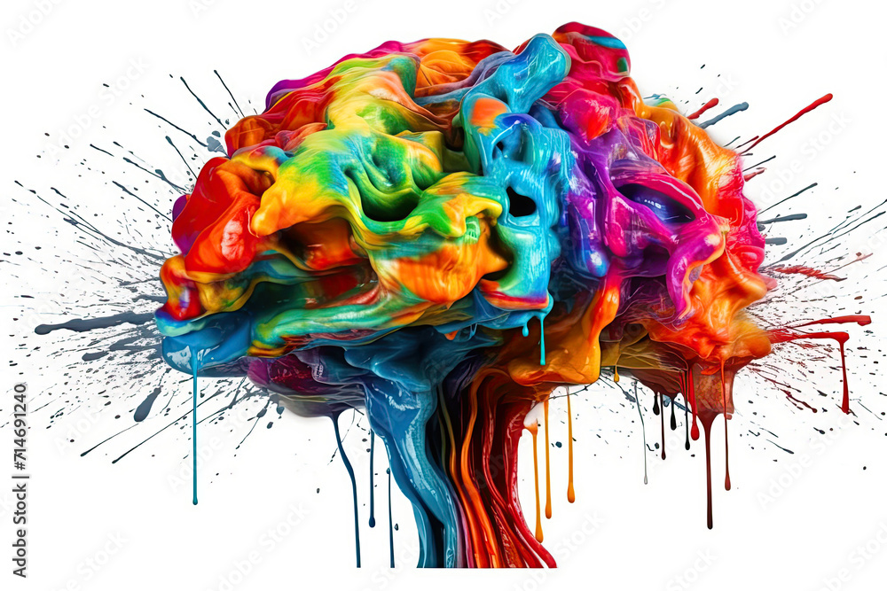 Brain with colorful paint splatter isolated on white background, human ...