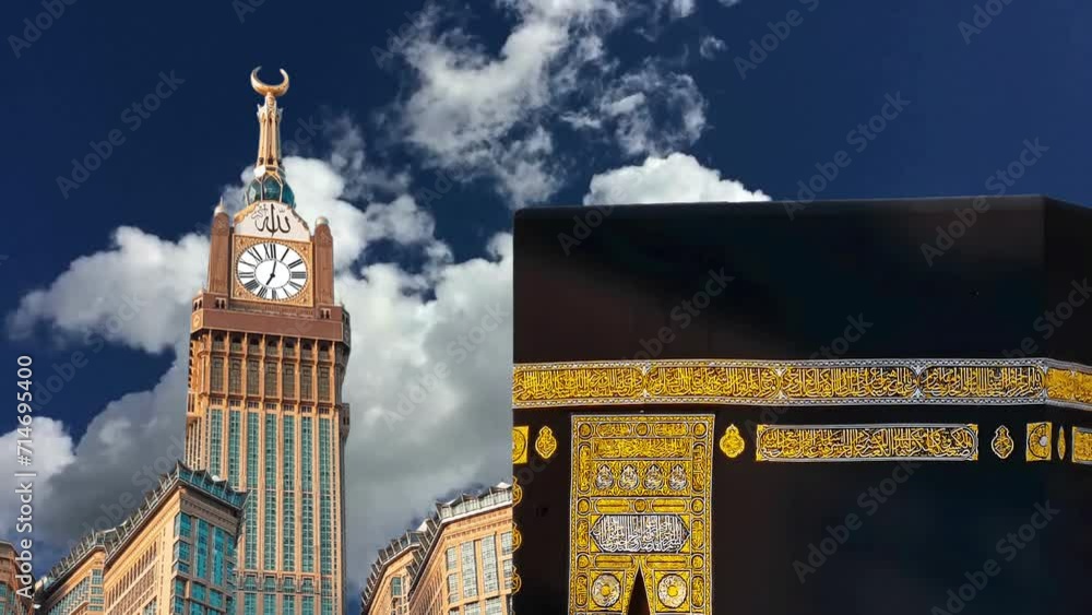 Timelapse of Holy mosque of Mecca and Makkah Clock Royal Tower. Haram ...