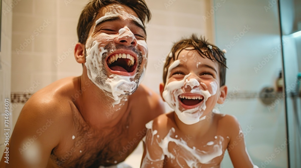 Father and son having fun in a bathroom, laughing happily with shaving foam on their faces ...