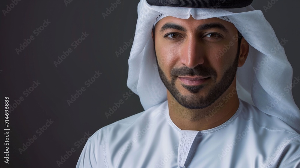 Atractive arab middle-eastern man with traditional kandora in studio ...