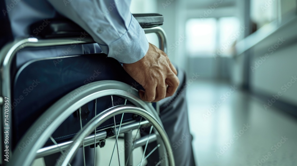 Disability and man hand holding wheel in a hospital for healthcare ...