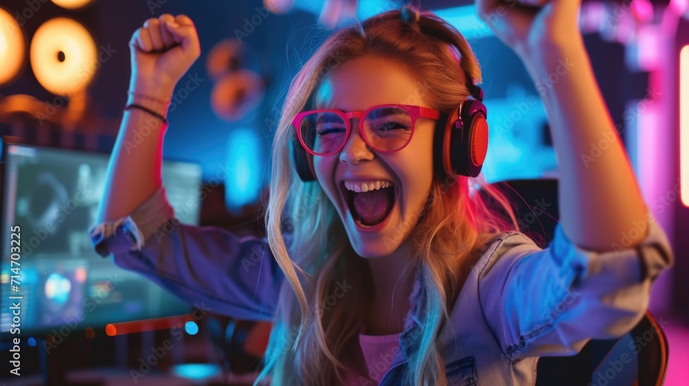 Shot of the Beautiful Friendly teenager Pro Gamer Girl Streaming Online ...