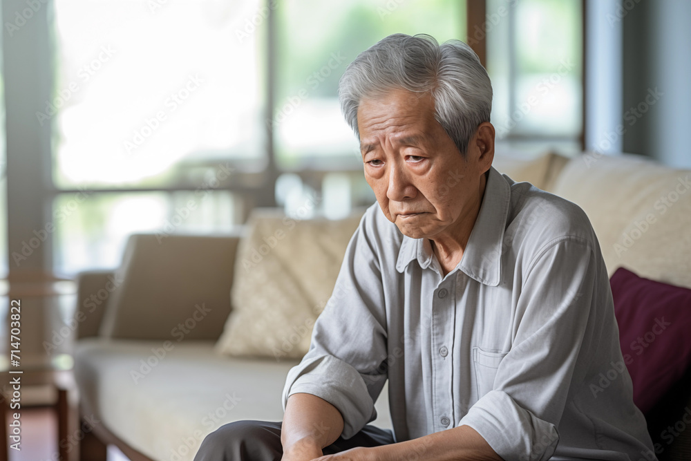 Elderly Asian man sitting in solitude, reflecting on life with the ...