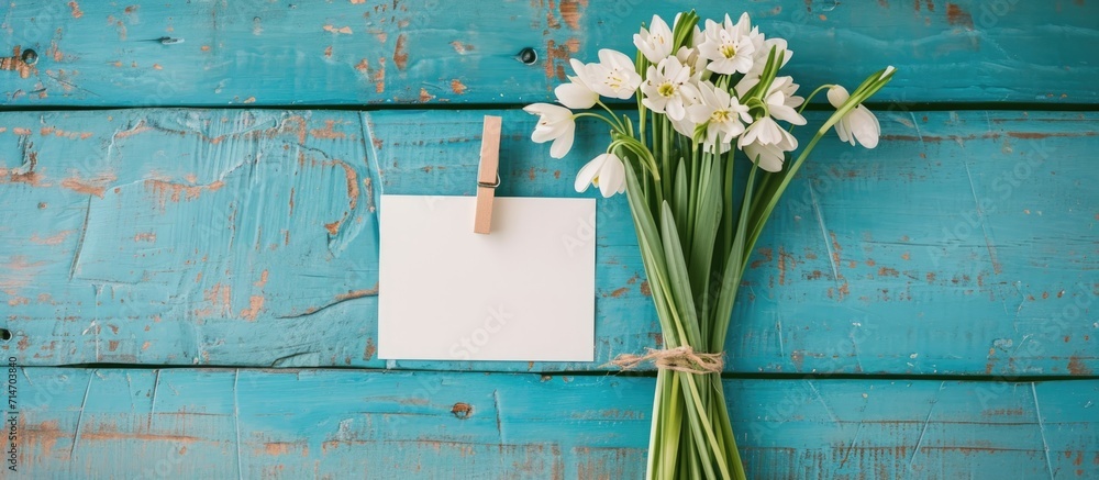 Vintage spring greeting card mock-up with snowdrop bouquet on blank ...