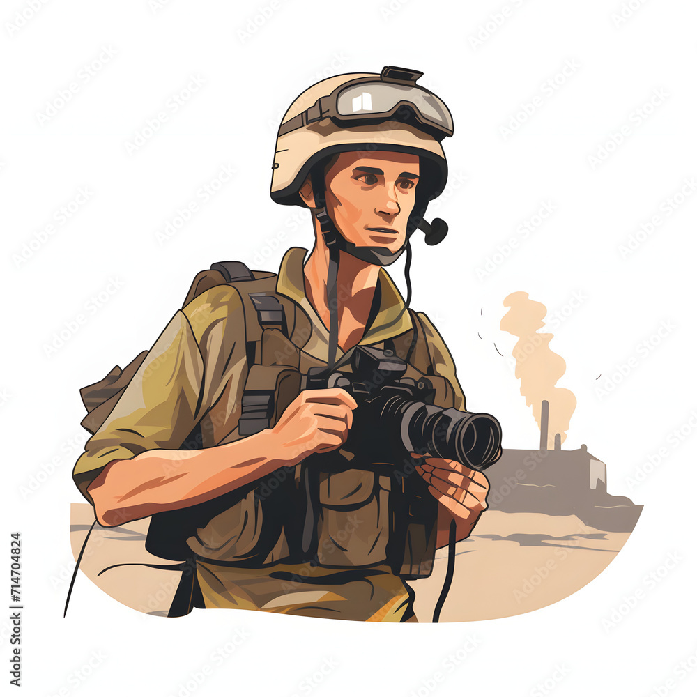 War correspondent reporting from a conflict zone isolated on white ...