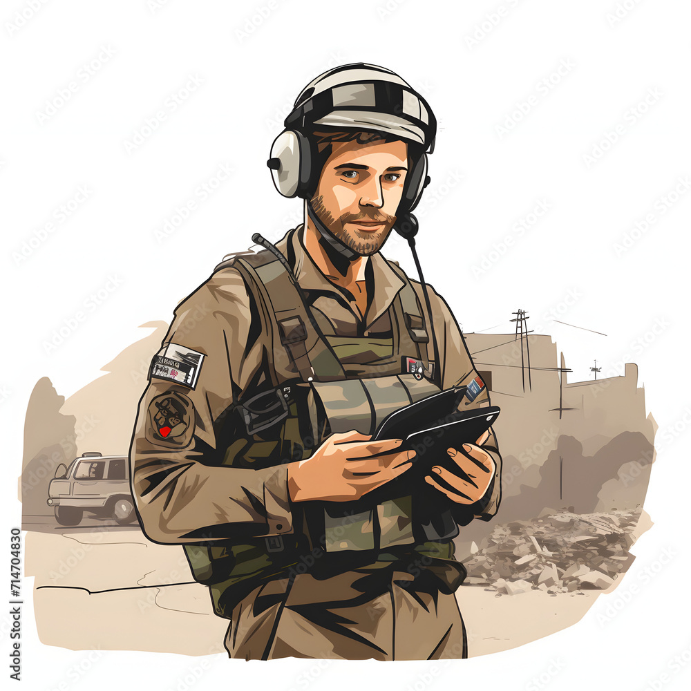 War correspondent reporting from a conflict zone isolated on white ...