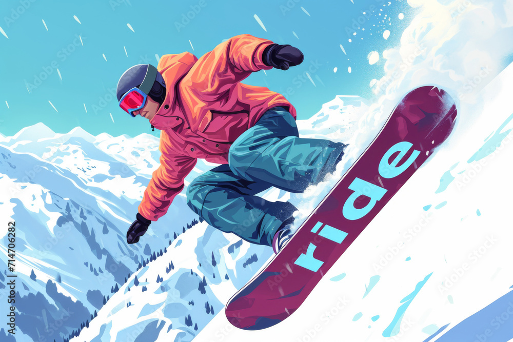 snowboarding ad poster, in the style of animated illustrations, y2k ...